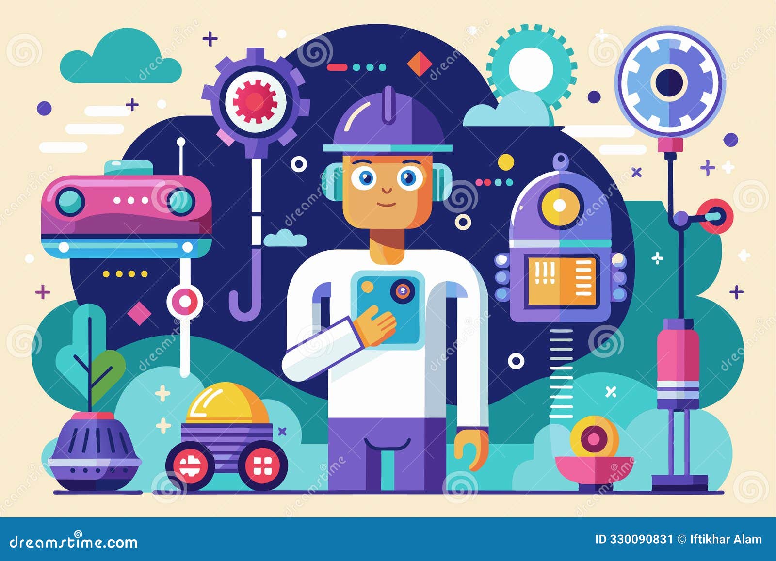 An Engineer Interacts with Futuristic Machines in a Vibrant, Tech ...