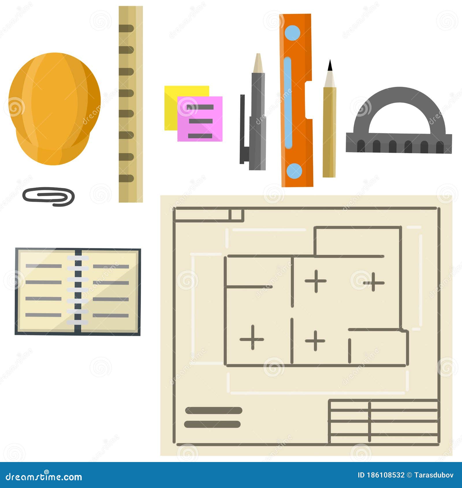 Engineer Kit. Drawing Plan of Building Stock Vector - Illustration of ...