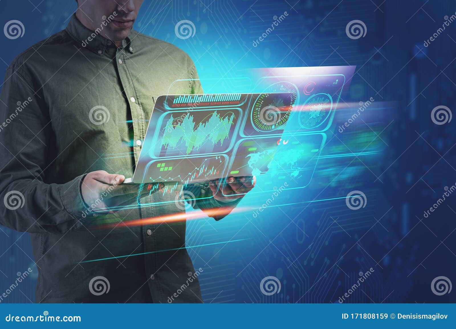 Engineer with Laptop, Infographic Interface Stock Image - Image of data ...