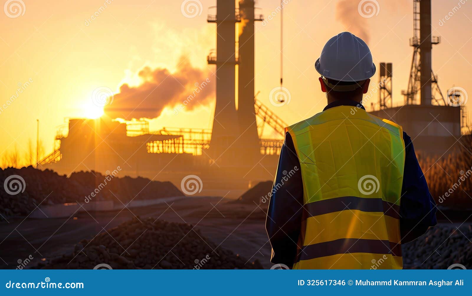Engineer Looking at Mining Factory in Background of Construction Site ...