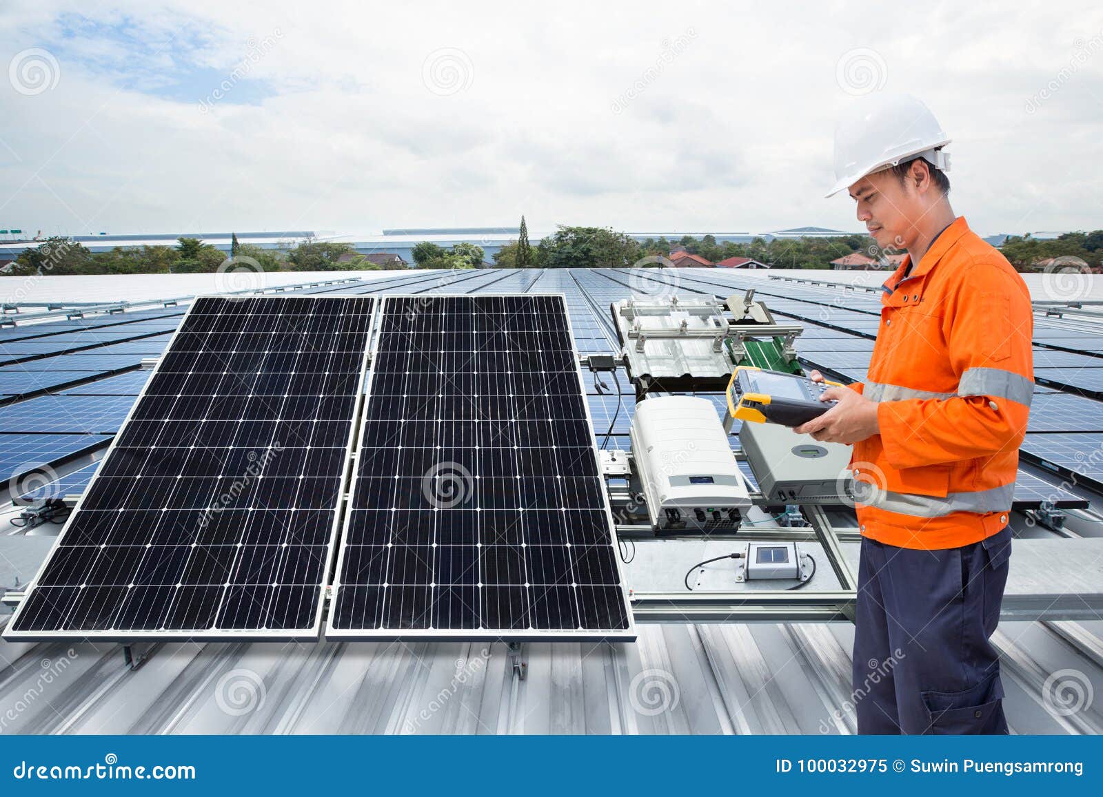 Engineer Maintenance Solar Panel Equipment on Factory Roof Stock Image ...