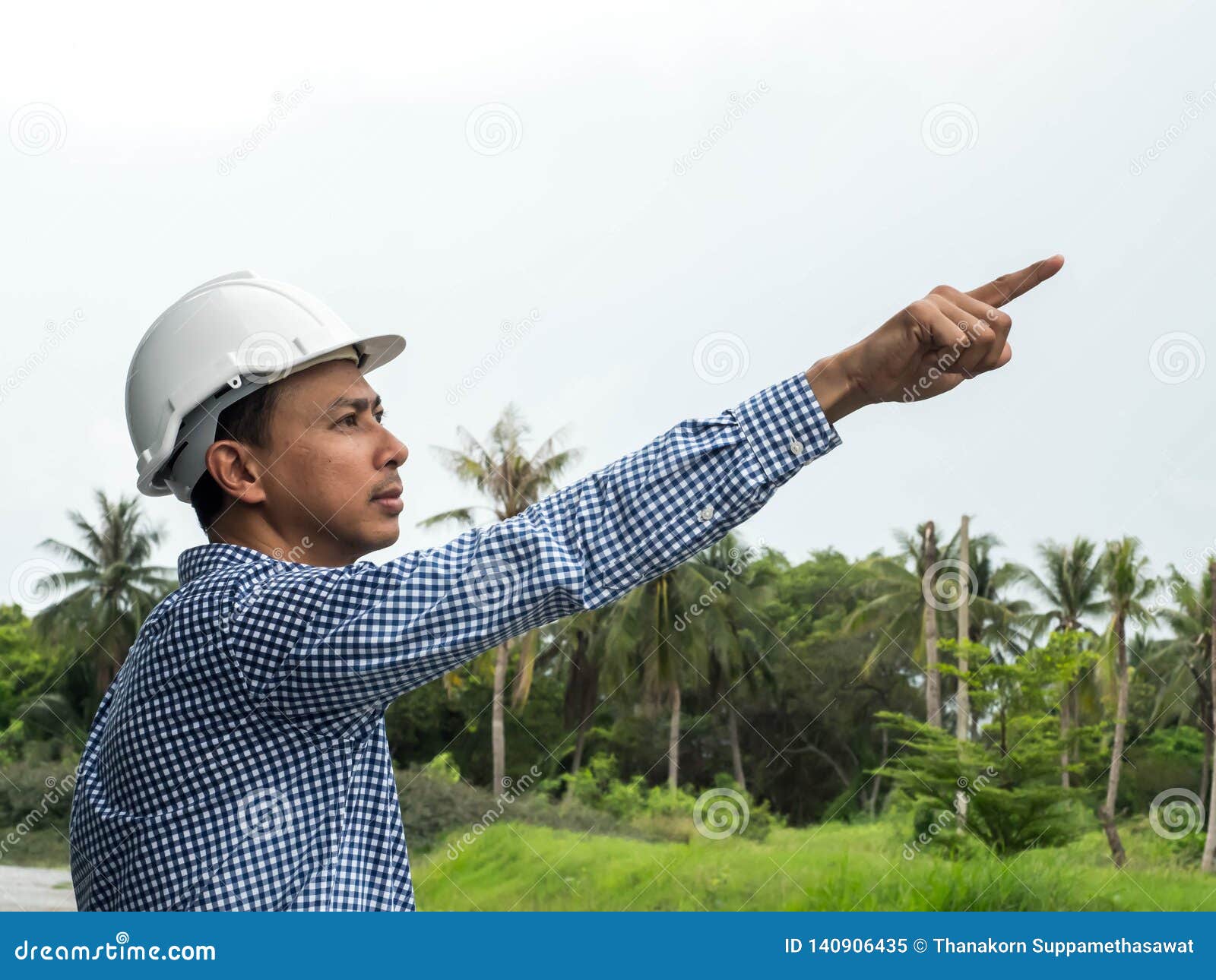 Engineer Male Architect and Blueprints with White Helmet Pointing ...