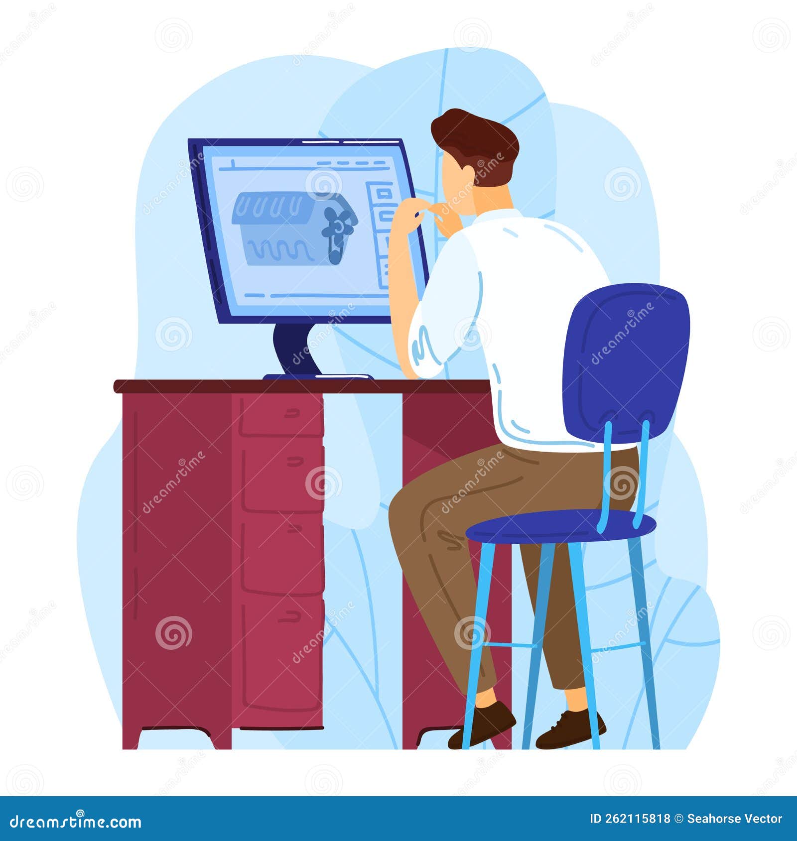 Engineer Male Character Sitting Professional Computer Engineering Motor ...