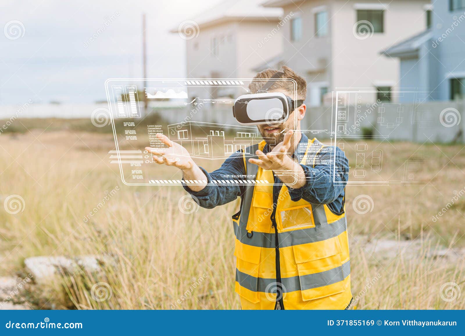 Engineer Male Worker Using VR Visual Reality Technology In Construction ...