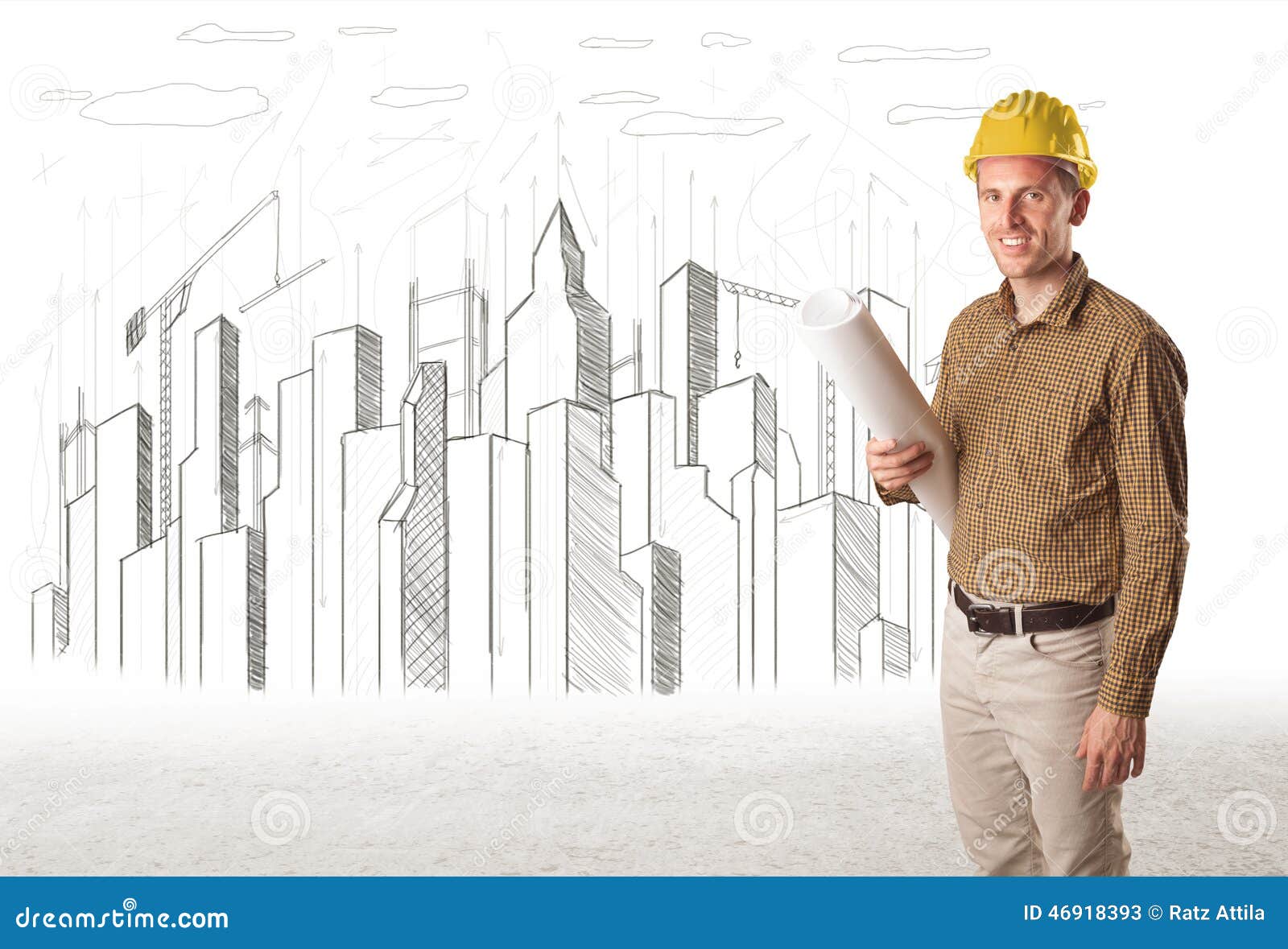 Engineer Man with Building City Drawing in Background Stock Image ...