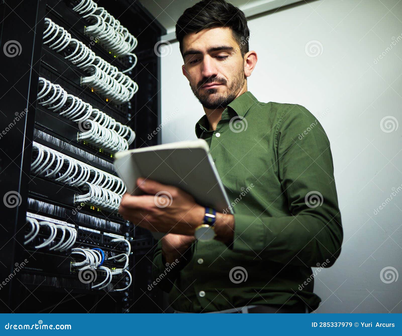 Engineer Man, Cable and Server Room with a Tablet for Programming ...