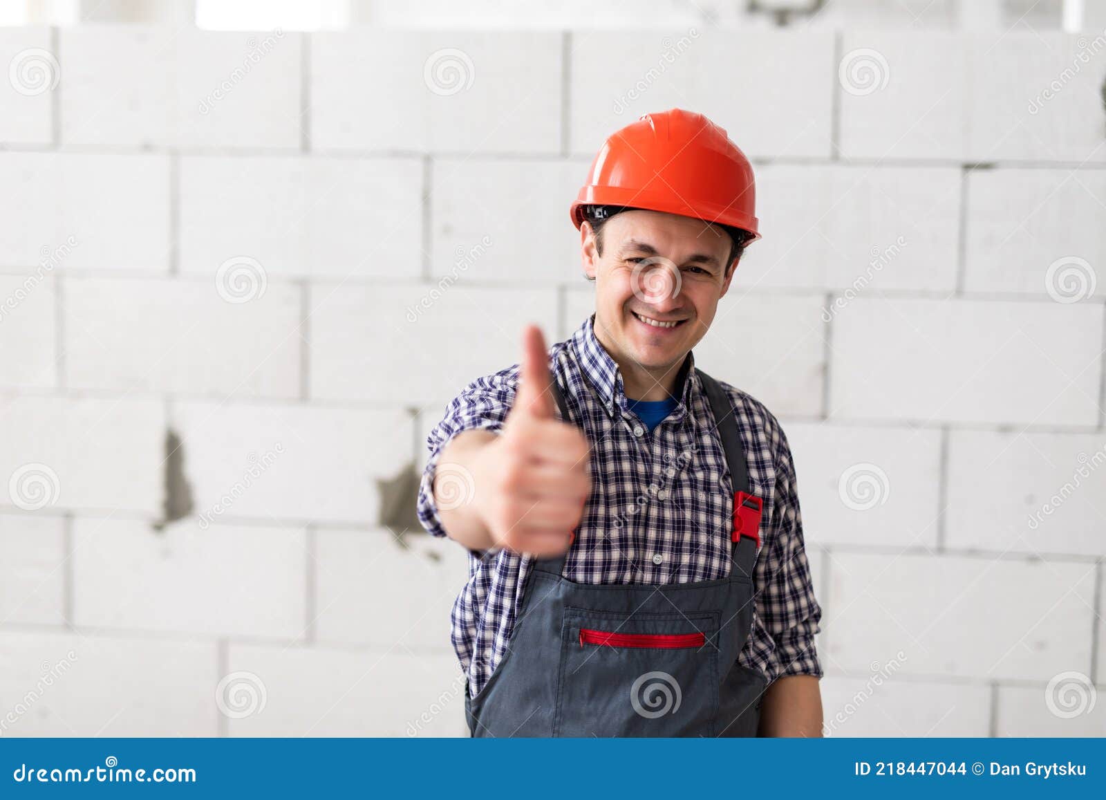 Worker Man Hand Giving Thumb Up Over Blurred Construction Site ...