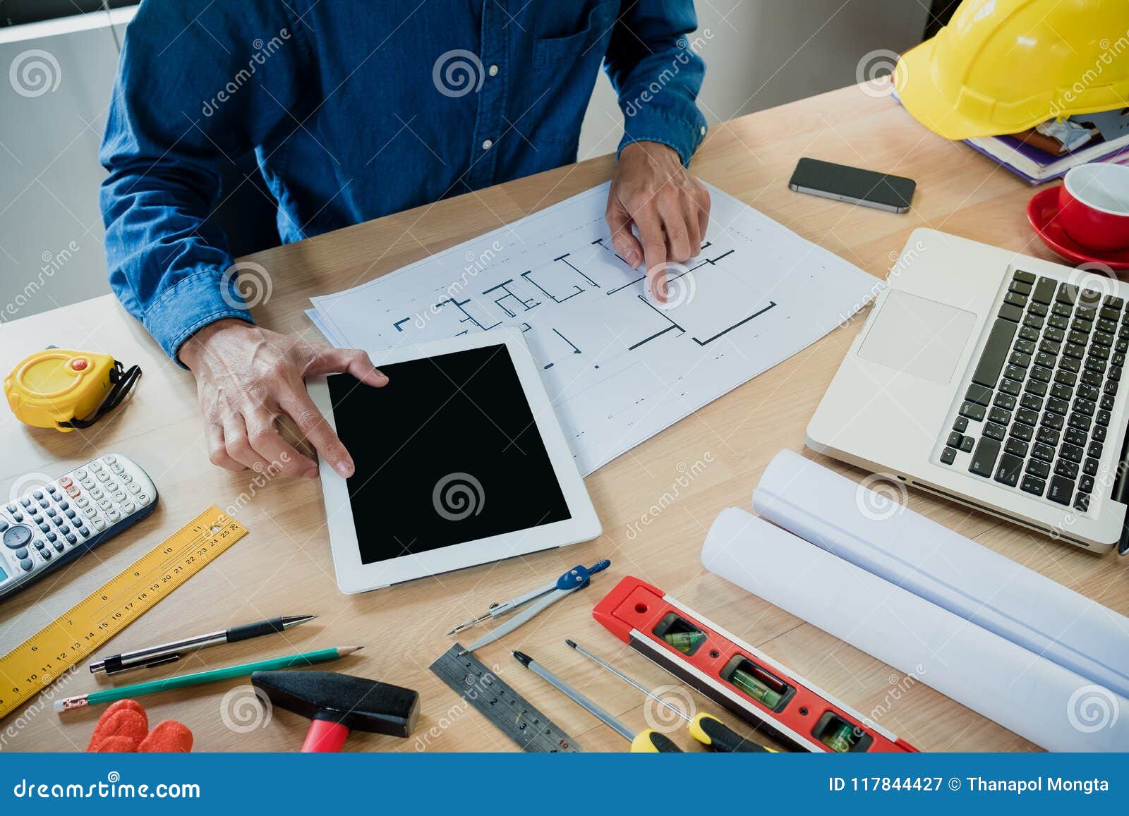 Engineer Man Hand Working with Tablet Stock Image - Image of desk ...