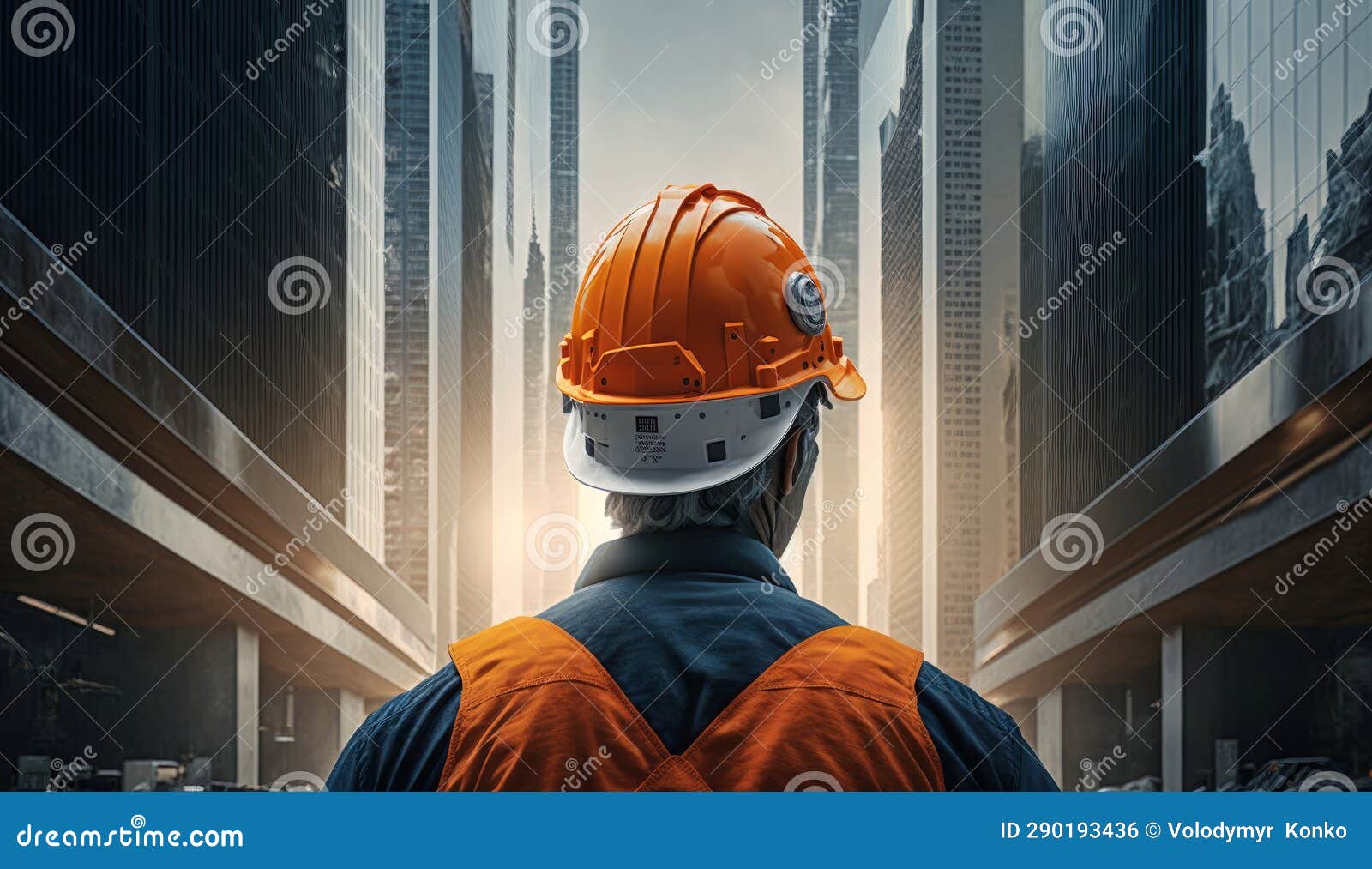 Engineer Man in Hardhat Helmet Overlooking Big Construction Building ...