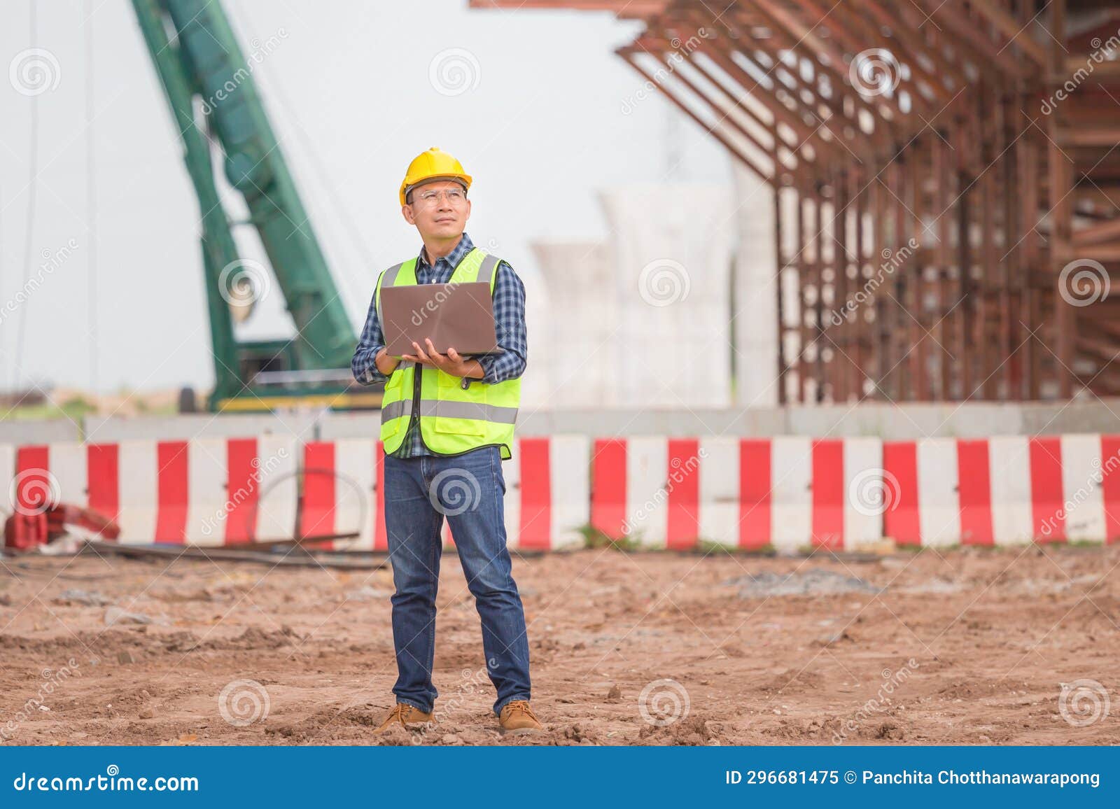 Engineer Man with Laptop at Infrastructure Construction Site, Foreman ...