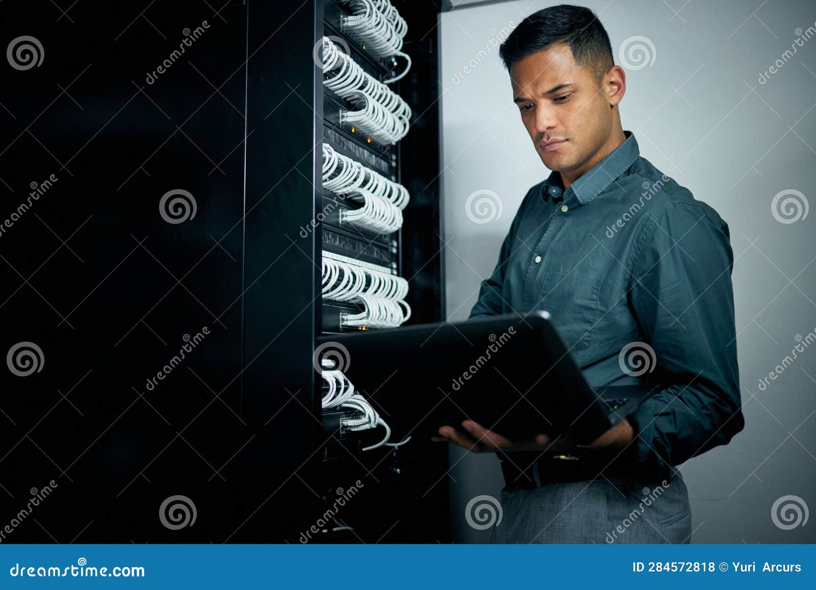 It Engineer Man, Laptop and Server for Inspection, Thinking or Troubleshooting with Analysis ...