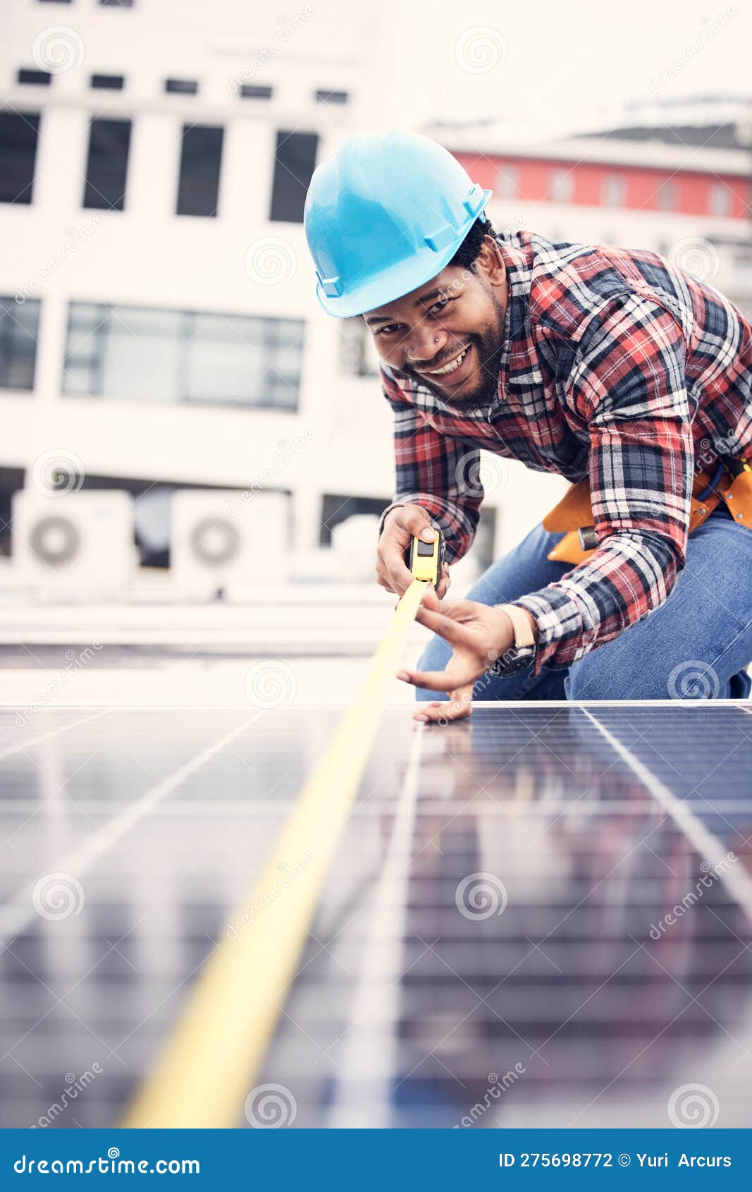 Engineer Man, Measuring Tape or Solar Panel on Rooftop for Sustainable ...