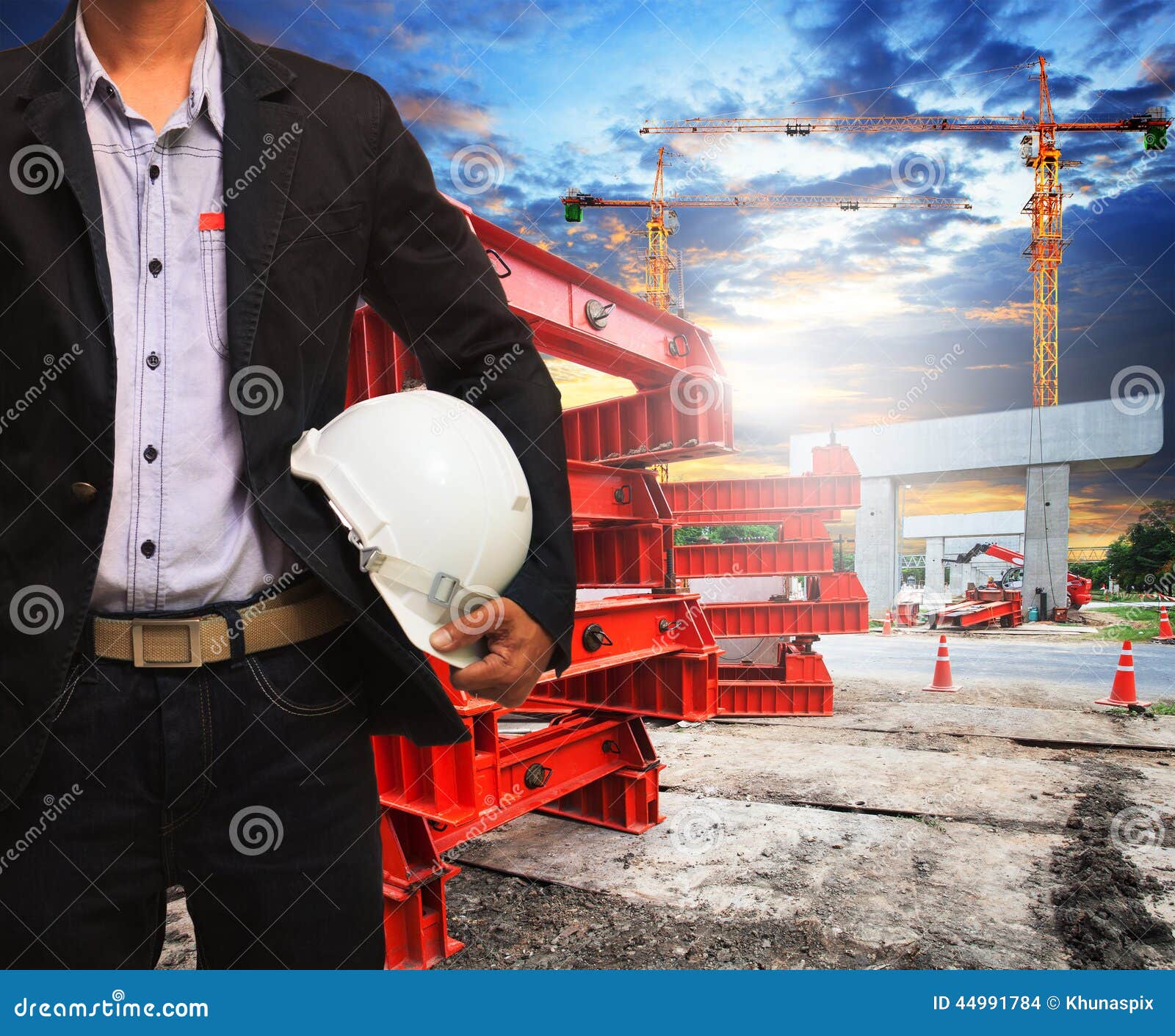 Engineer Man with Safety Helmet Working in Road and Bridge Construction ...