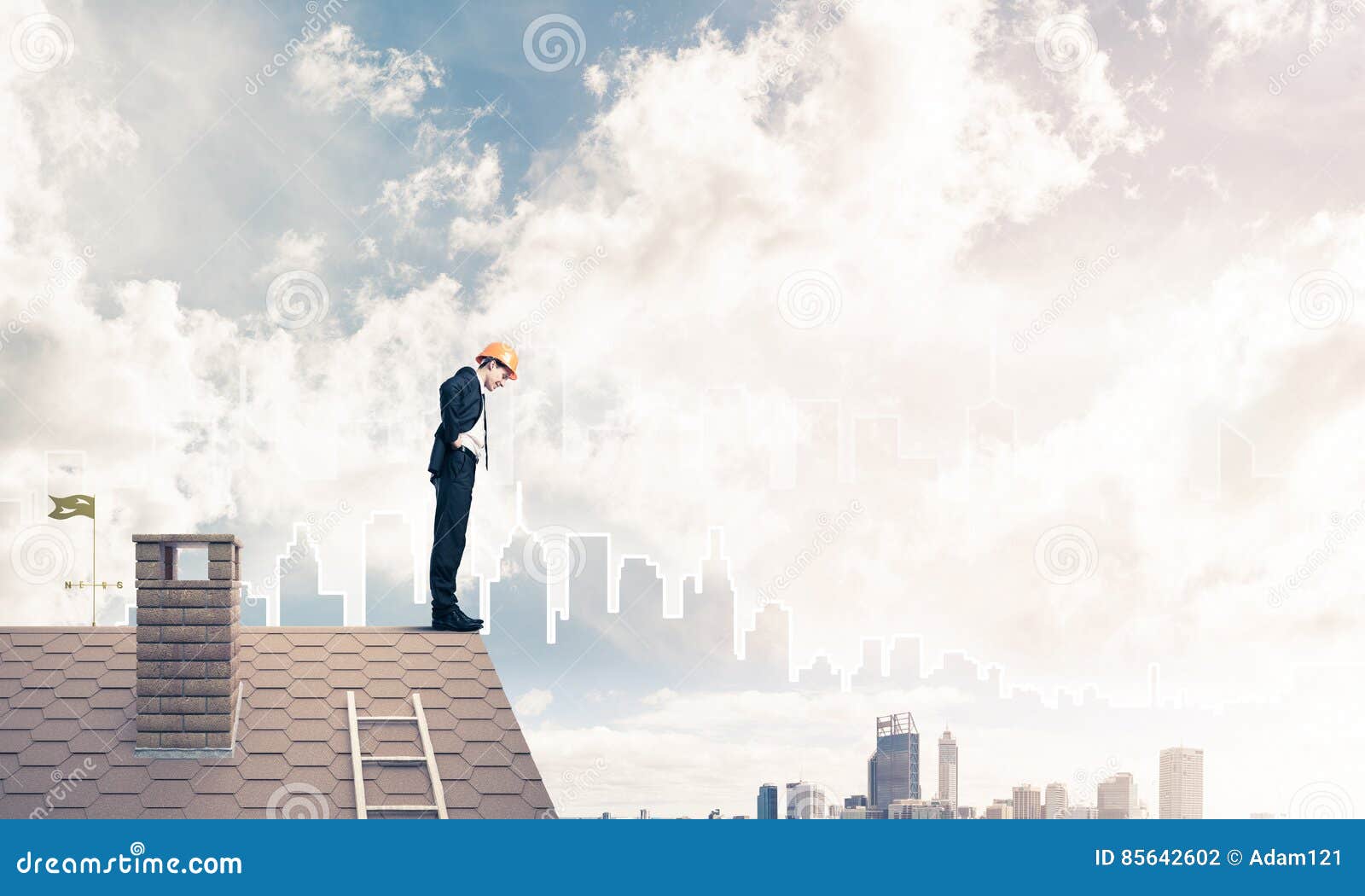 Engineer Man Standing on Roof and Looking Down. Mixed Media Stock Photo ...