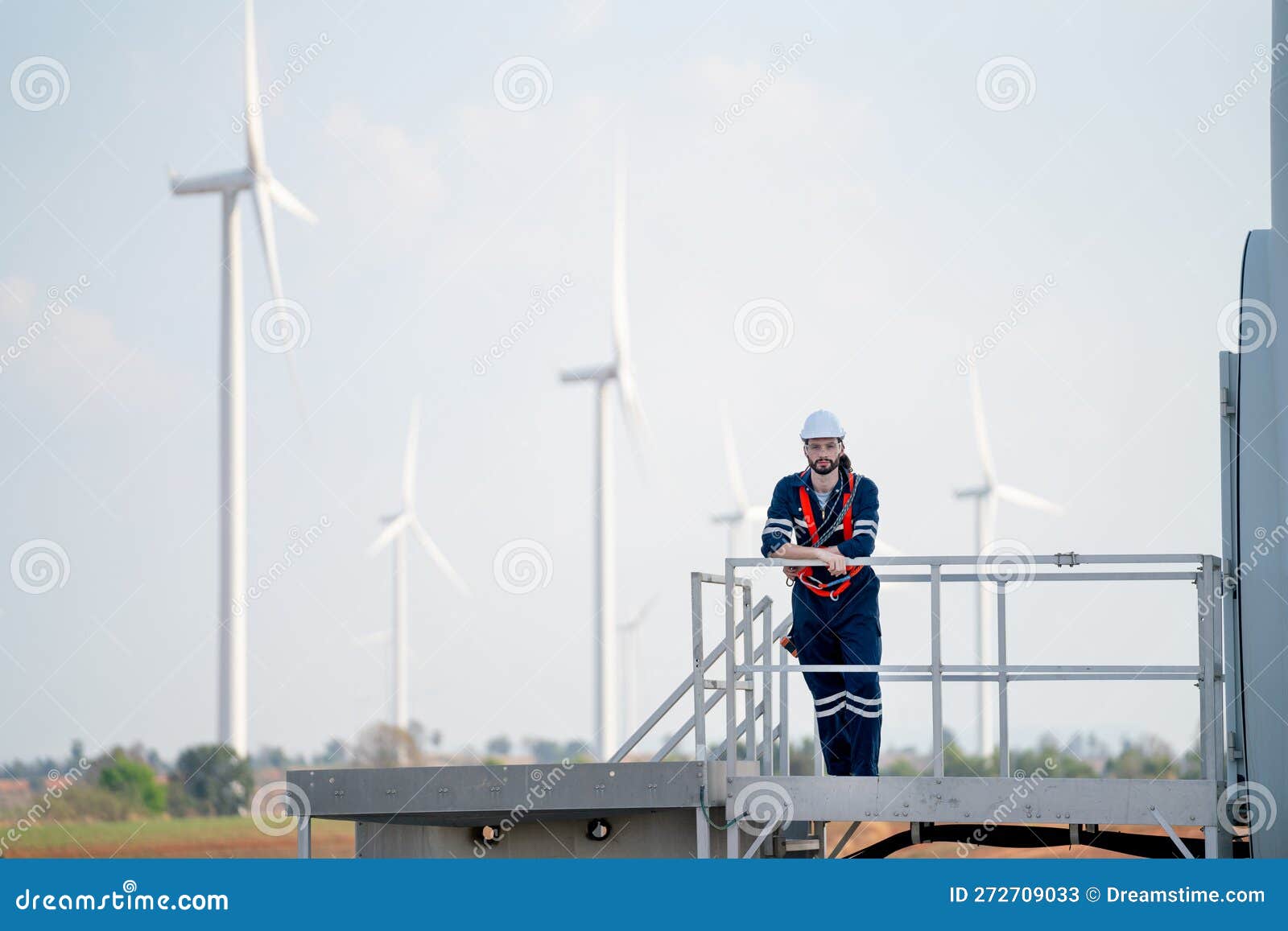 Engineer Man or Technician Worker Stand on Base of Windmill or Wind ...