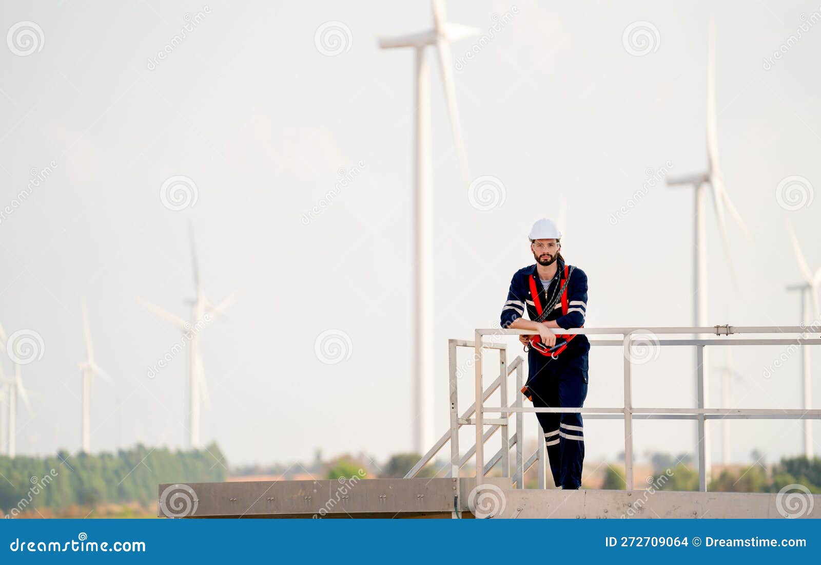 Engineer Man or Technician Worker Stand on Base of Windmill or Wind ...