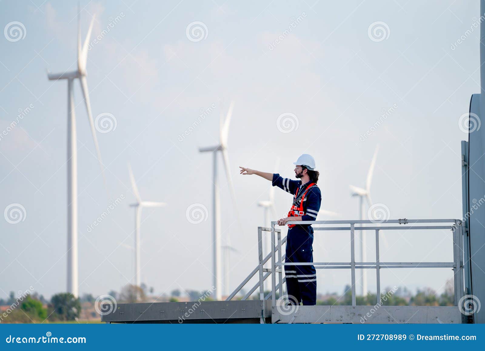 Engineer Man or Technician Worker Stand on Base of Windmill or Wind ...