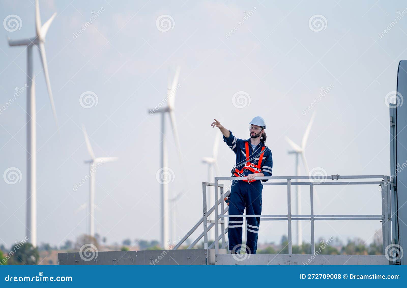 Engineer Man or Technician Worker Stand on Base of Windmill or Wind ...