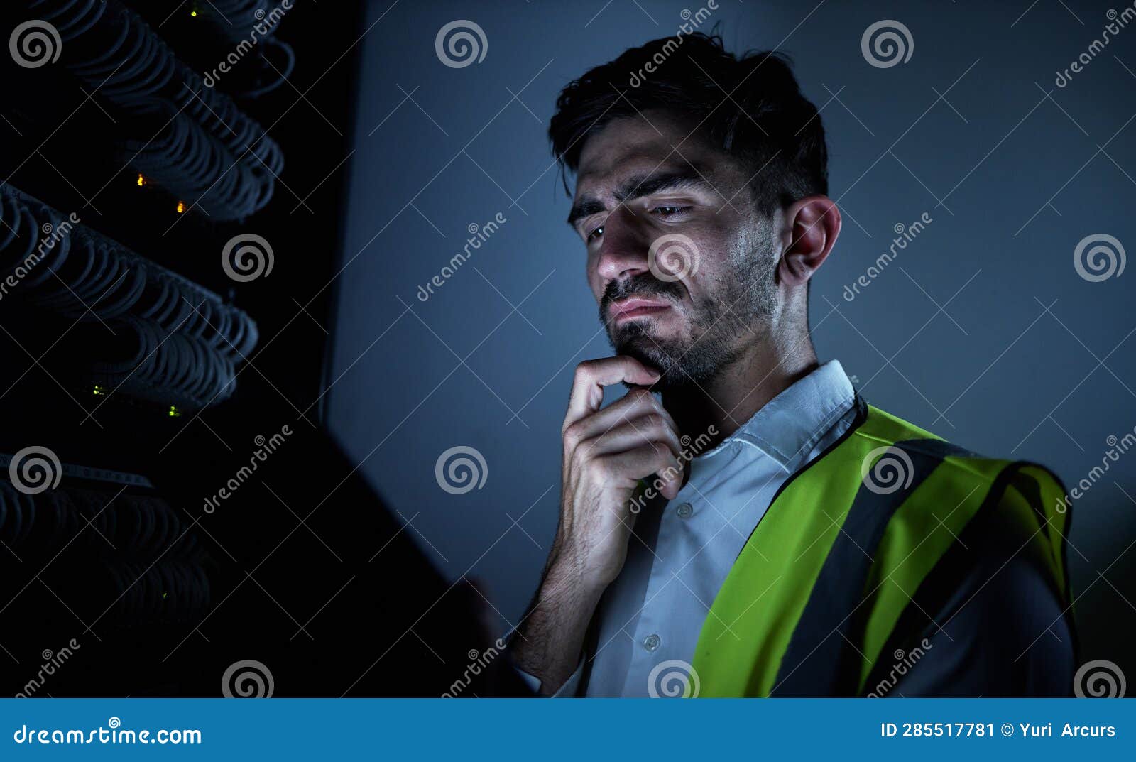 Engineer Man, Thinking and Dark Server Room for Information Technology ...