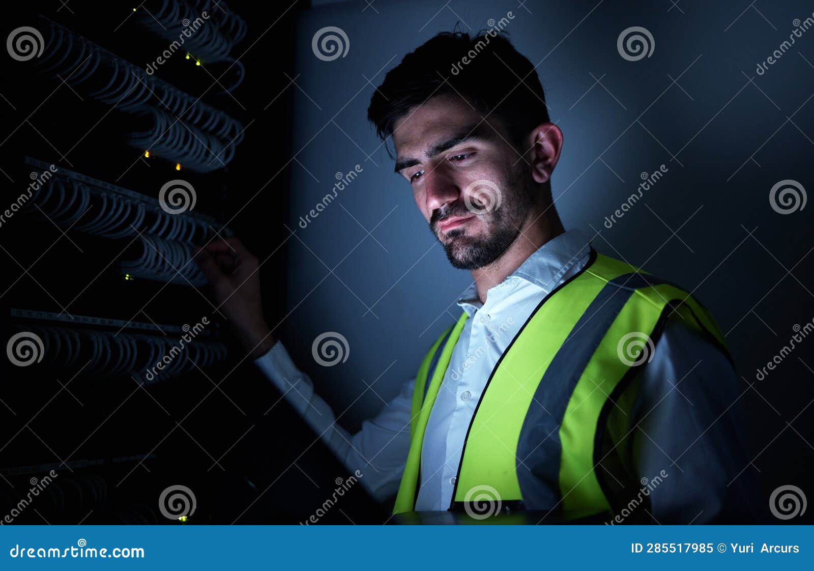 Engineer Man, Thinking and Night in Server Room for Information ...