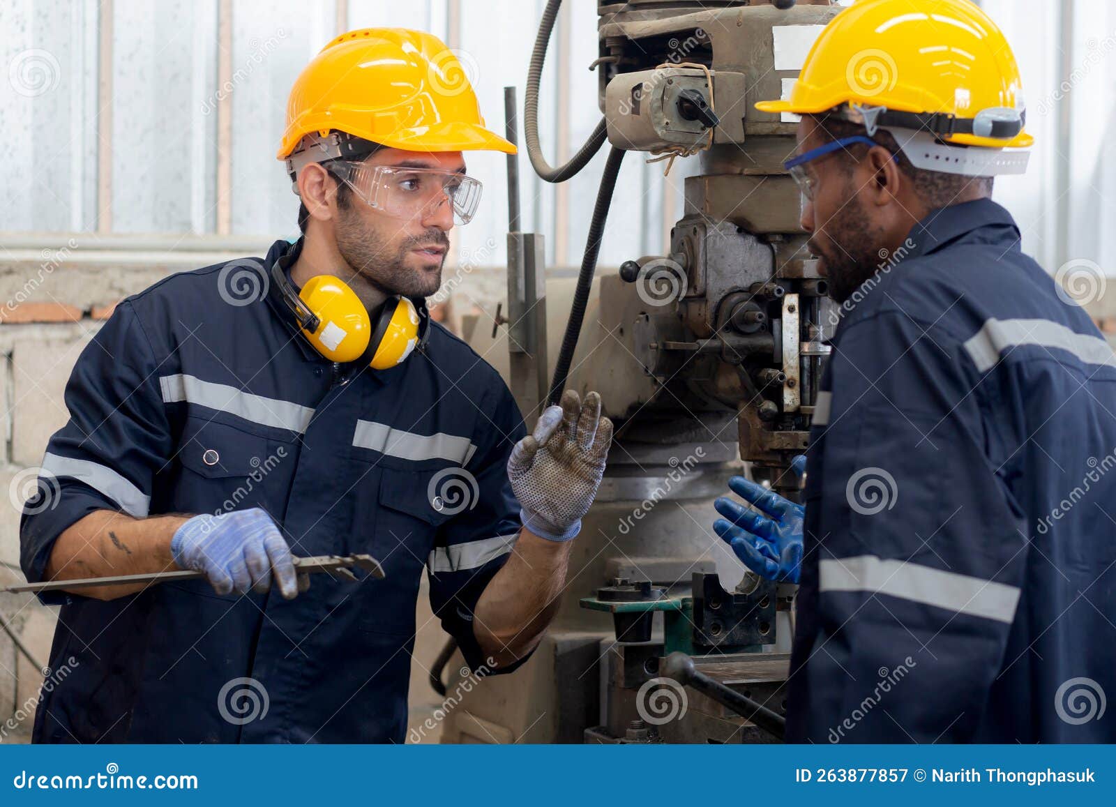 Engineer Man Training with Foreman for Apprentice Using Lathe ...