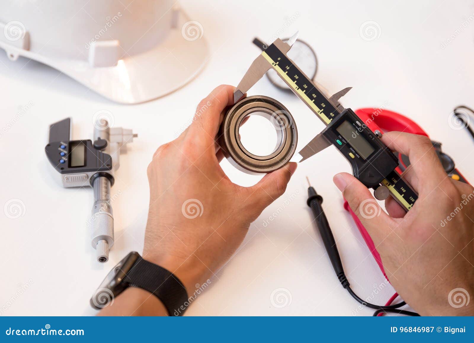 Engineer Man Using Vernier Caliper Measuring the Bearing Stock Image ...