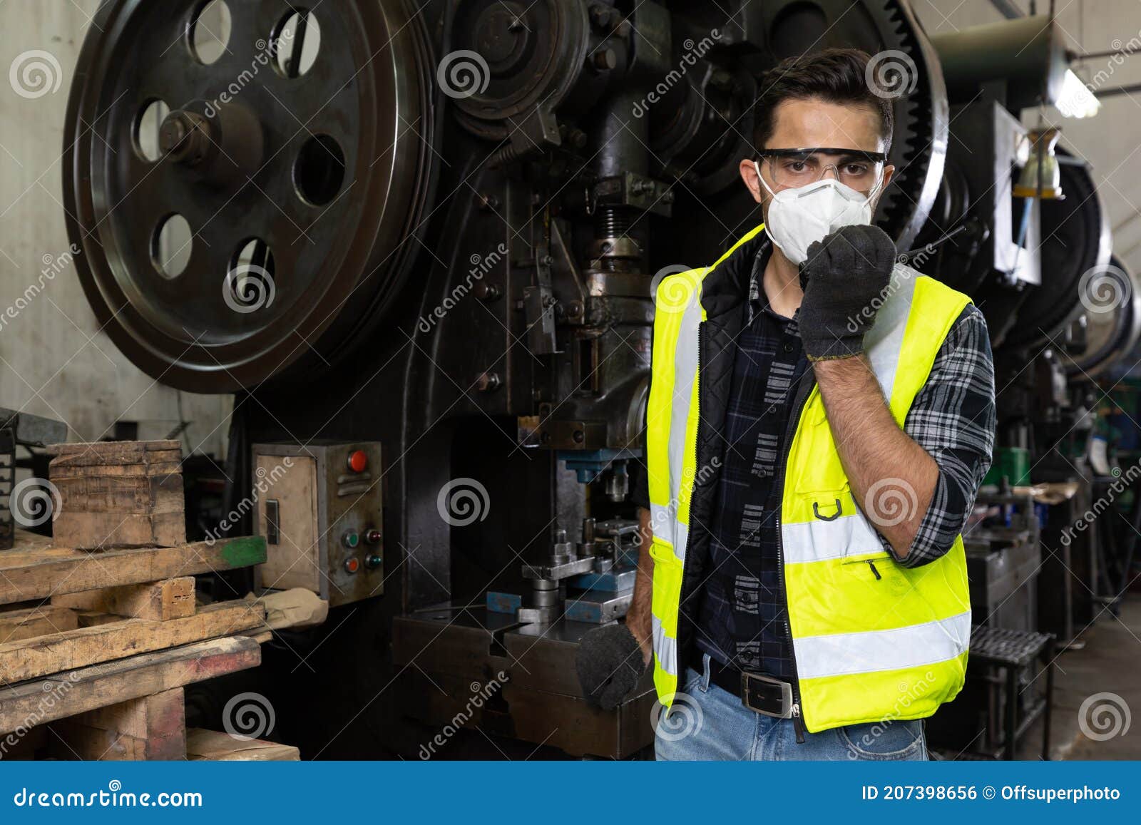 Engineer Man Wearing Face Mask and and Using Walkie-talkie while ...