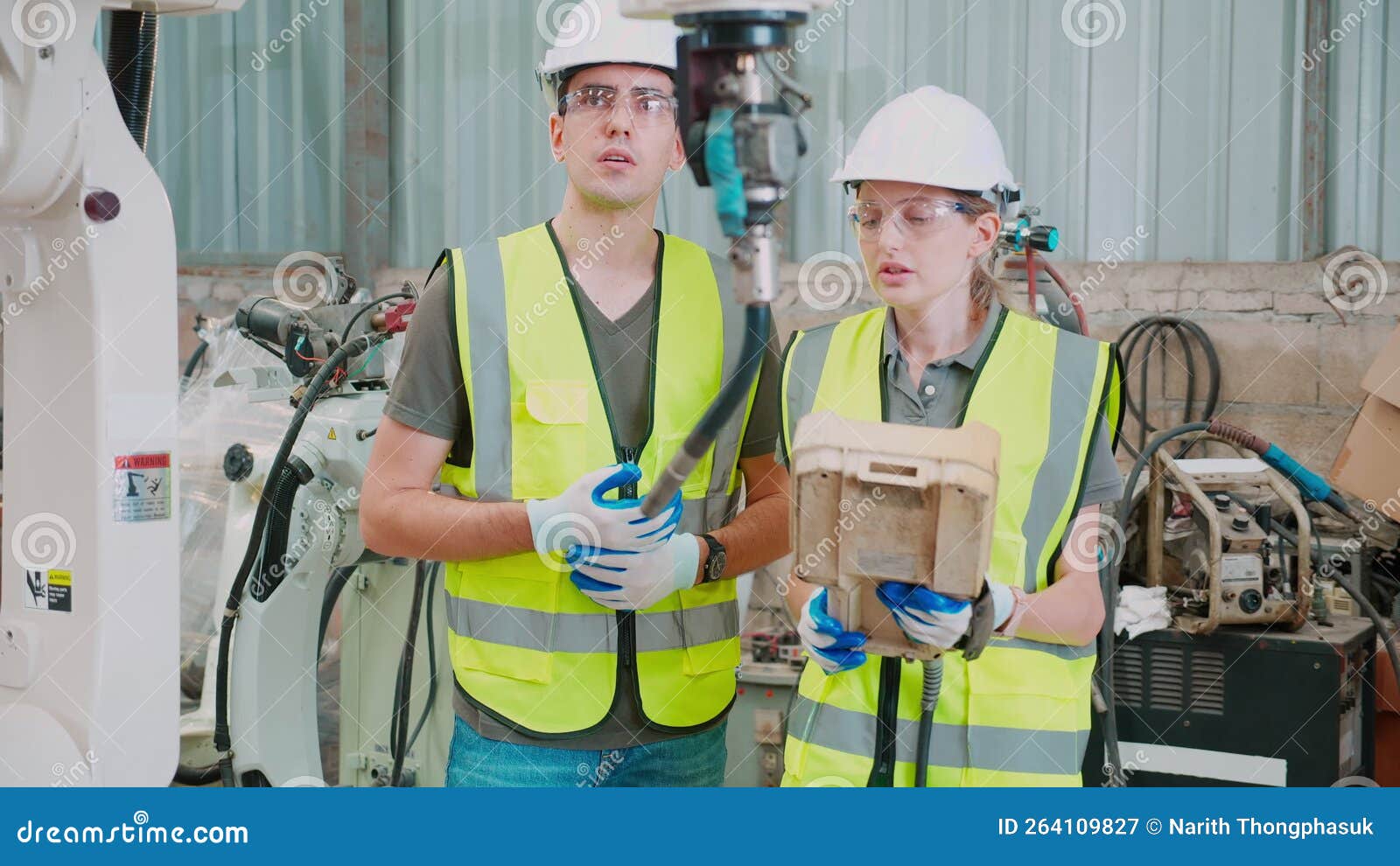 Engineer Man and Woman Talking and Explaining about Robot Arms ...