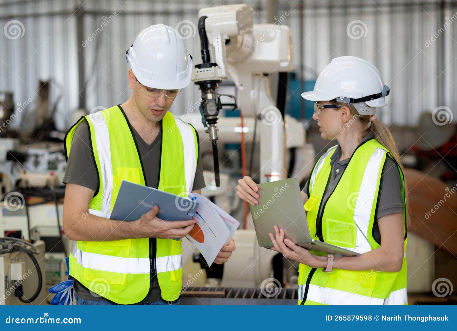 Engineer Man and Woman Talking and Explaining about Robot Arms ...