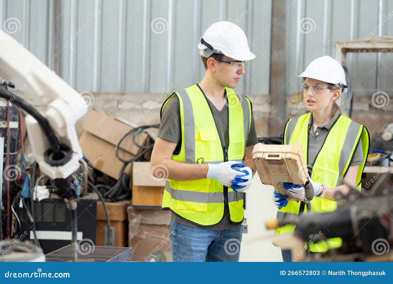 Engineer Man and Woman Talking and Explaining about Robot Arms ...