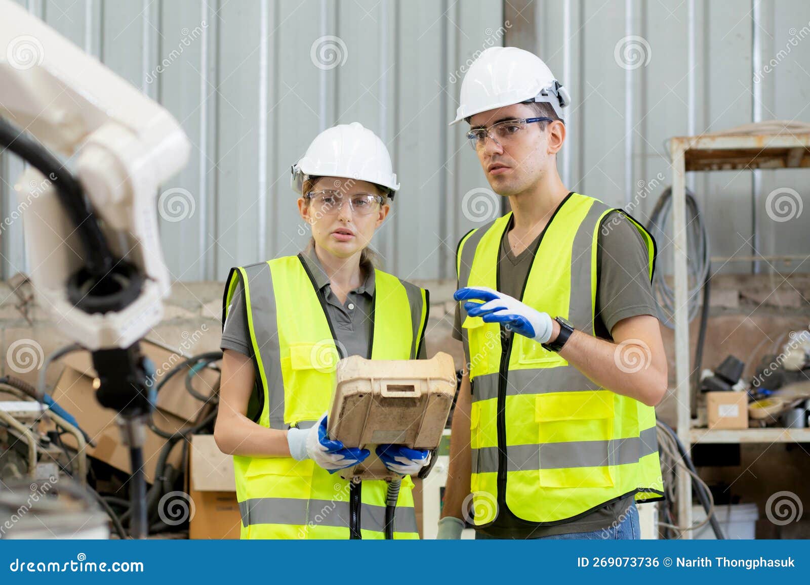 Engineer Man and Woman Talking and Explaining about Robot Arms ...