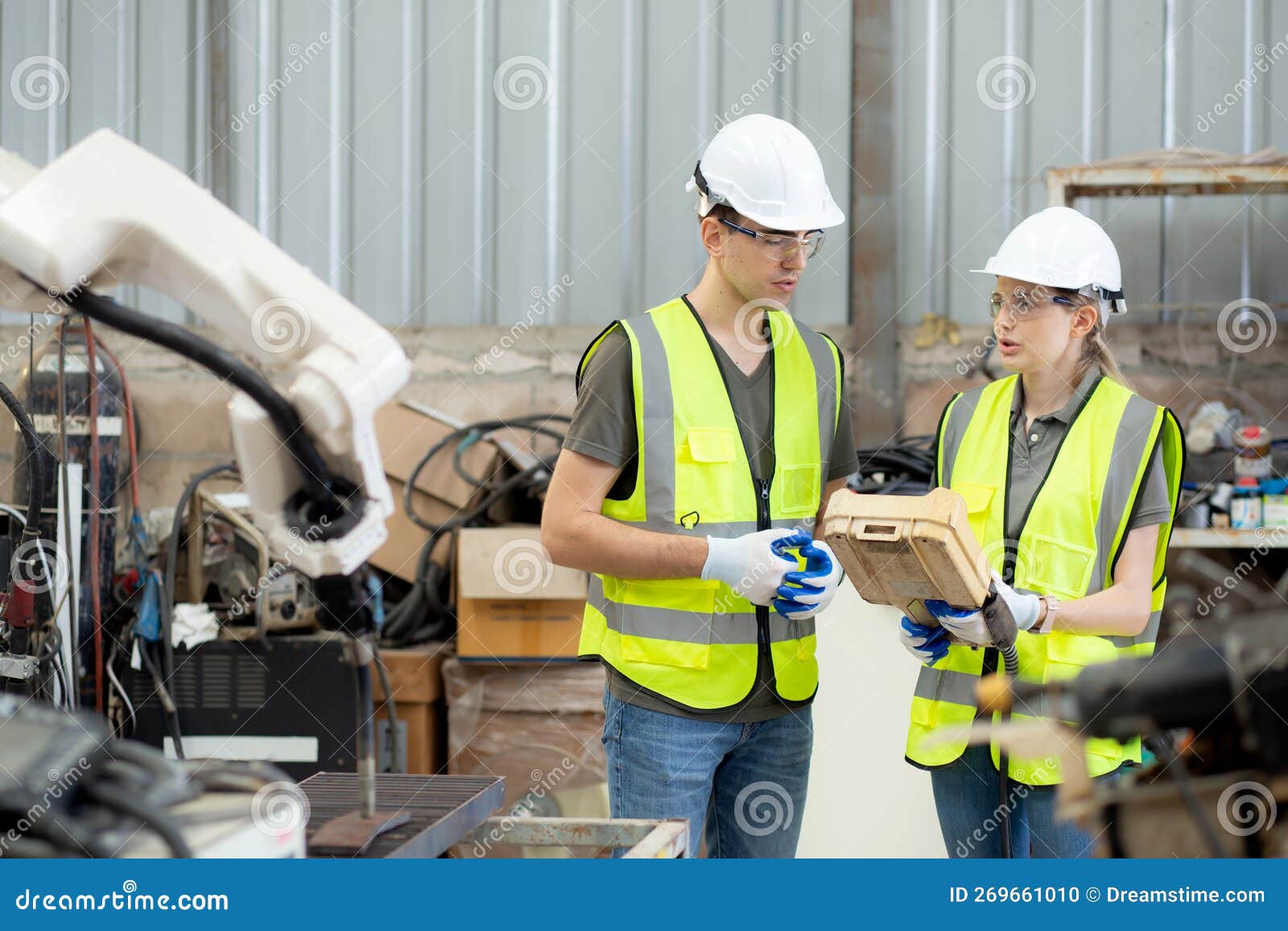 Engineer Man and Woman Talking and Explaining about Robot Arms ...