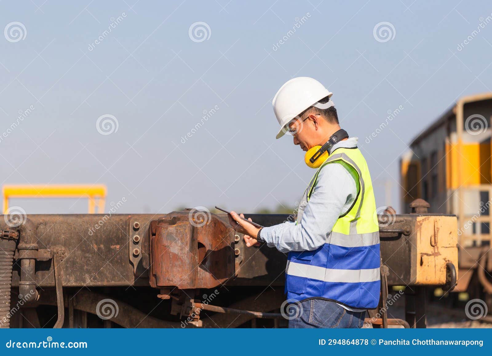 Engineer Man Working in Cargo Train Platform, Technician Checking the ...