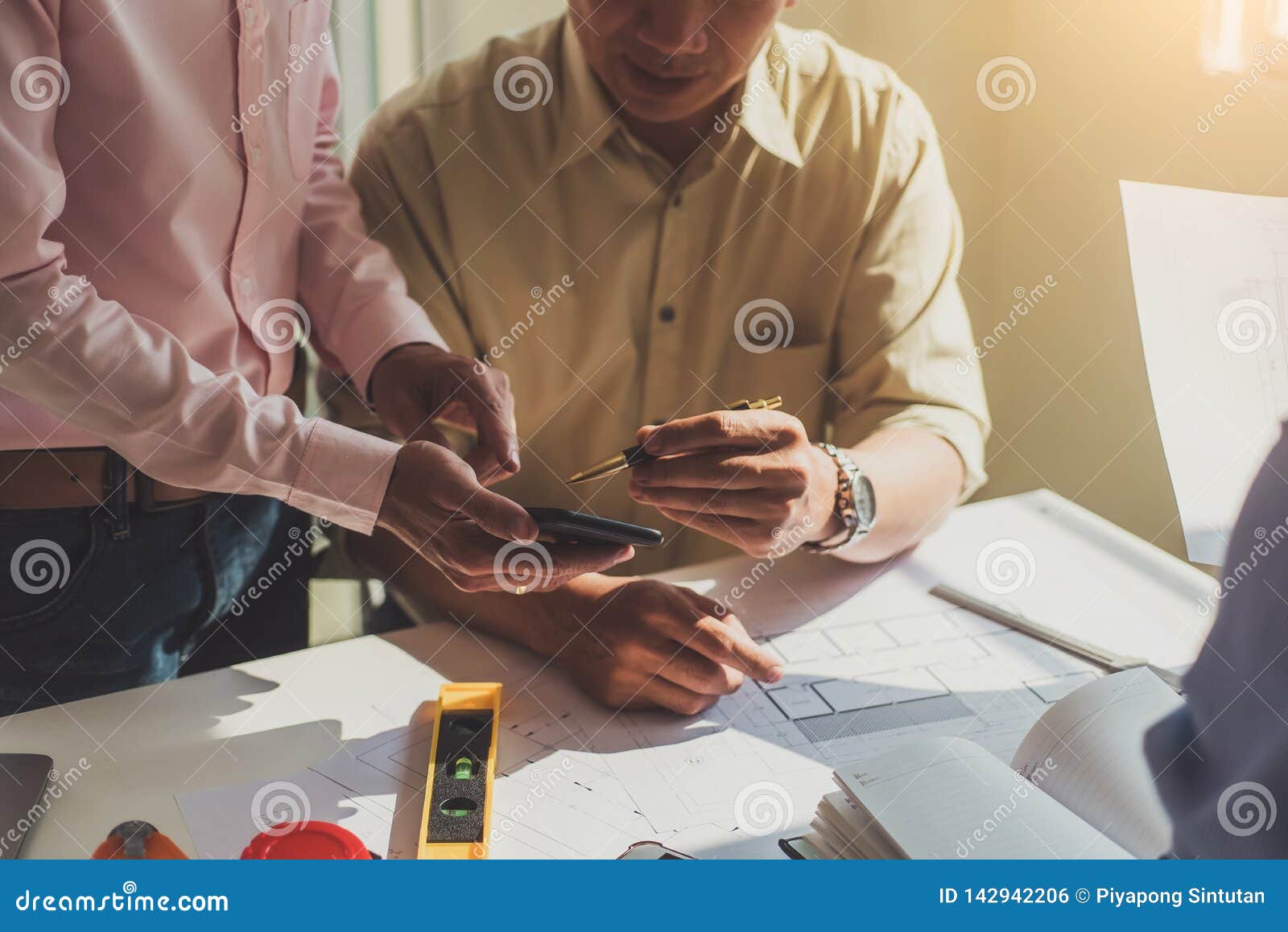 Engineer Man Working with Drawings Inspection in Workplace in Office ...