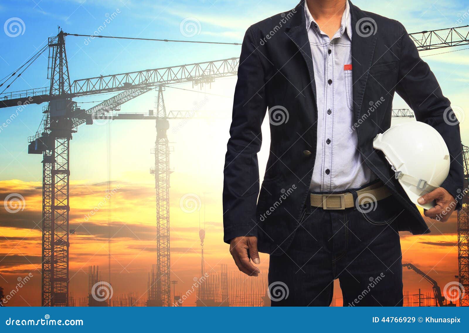 Engineer Man Working with White Safety Helmet Against Crane and Stock ...
