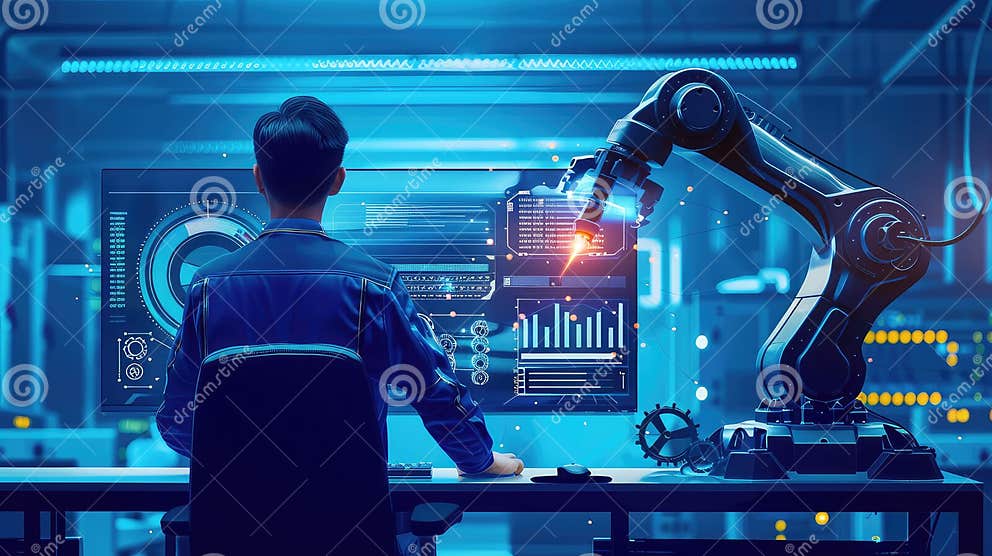Engineer Manager Working with Computer on Robotics Production Schedule ...