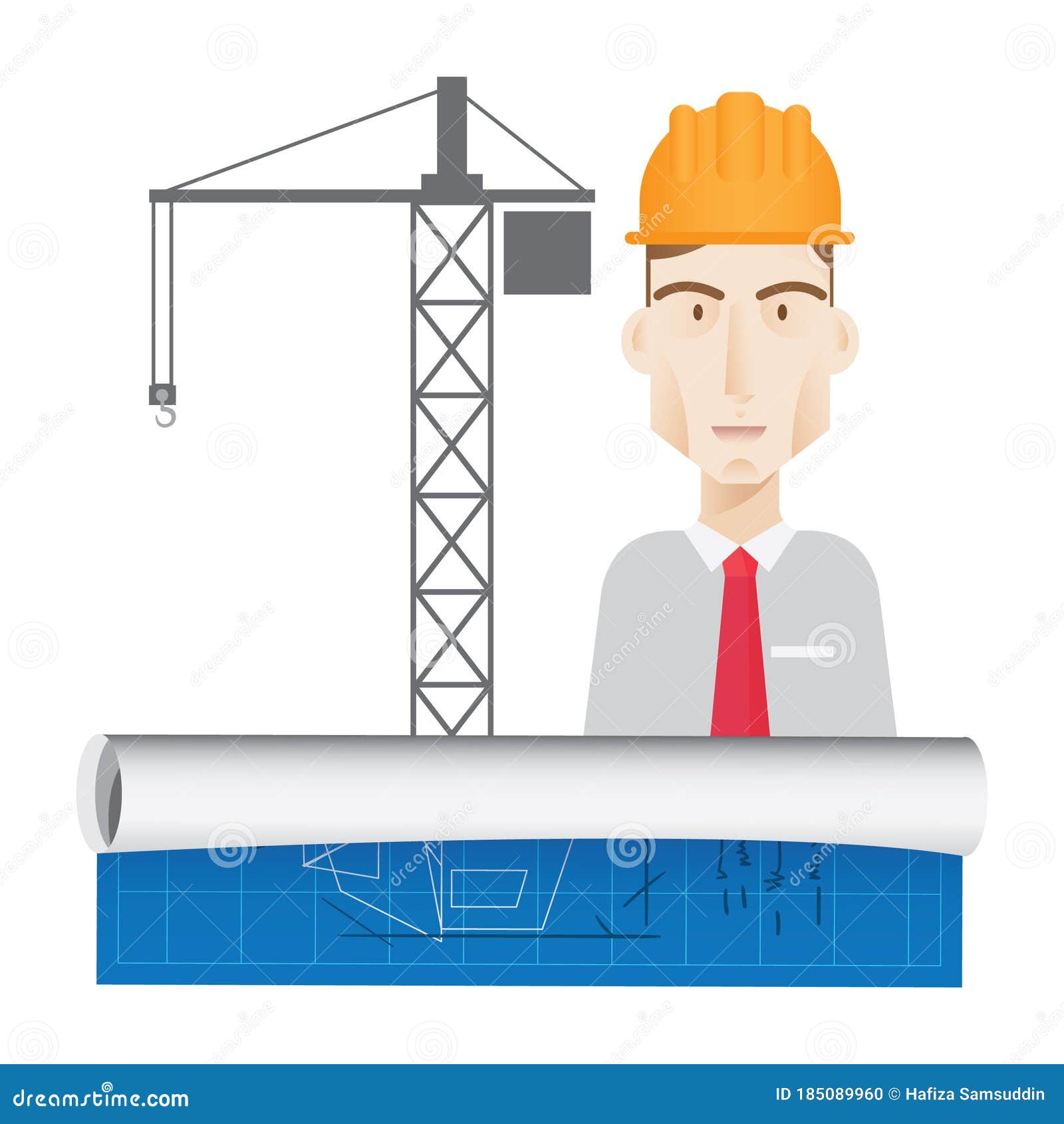 Engineer with Map and Tower Crane. Vector Illustration Decorative ...