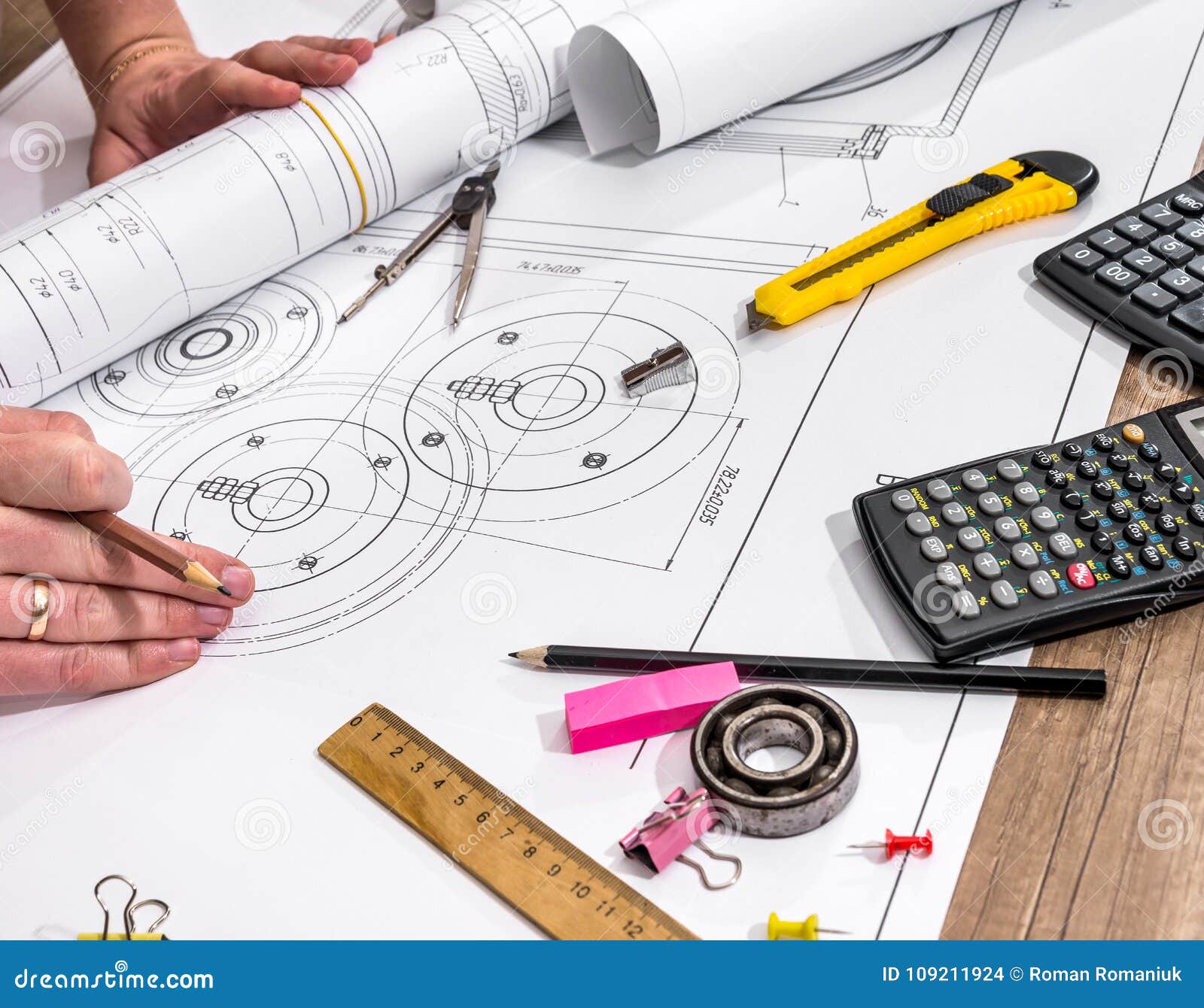 Engineer Measures the Dimensions Stock Photo - Image of gear ...