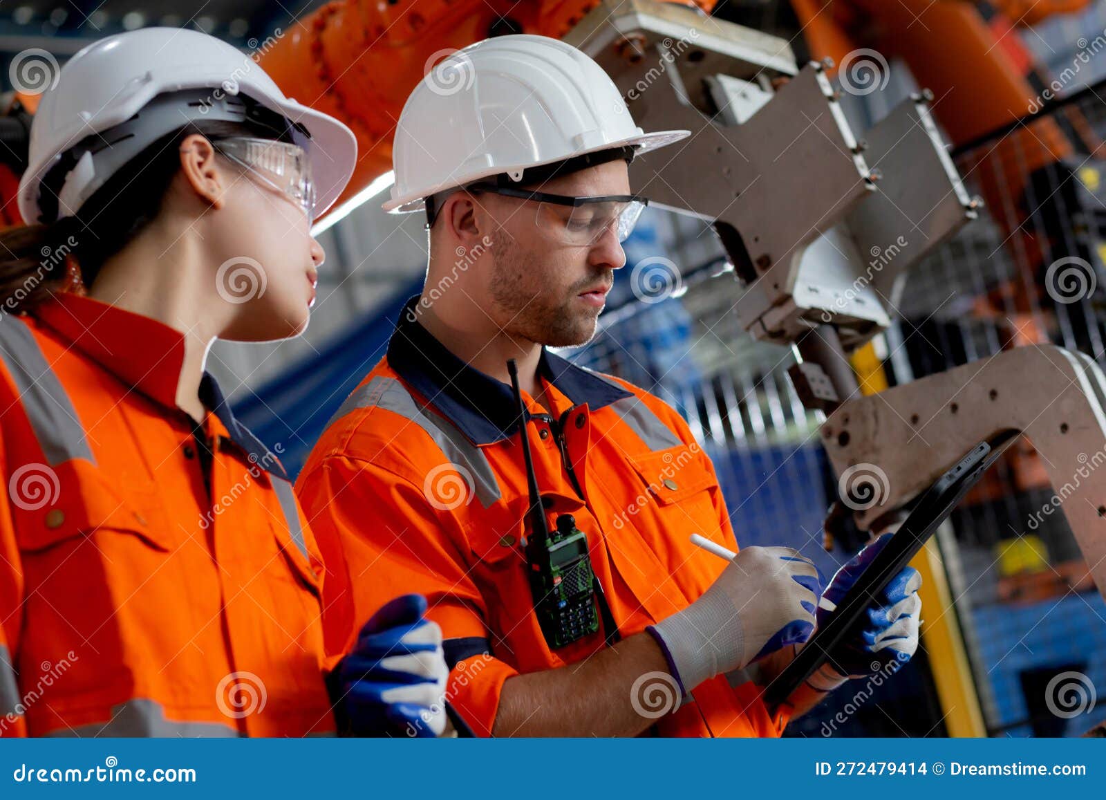 Engineer Man and Woman Talking and Discussion about Robot Arms ...