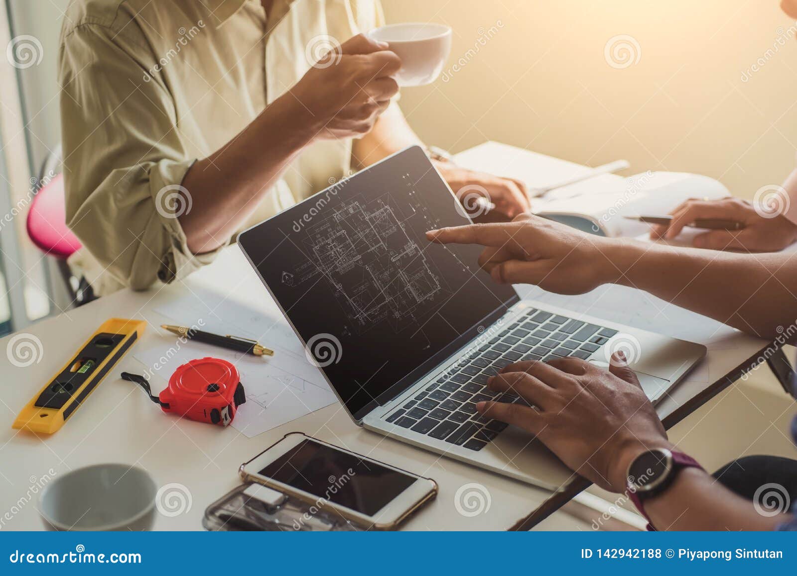 Engineer Man Working with Drawings Inspection in Workplace in Office ...