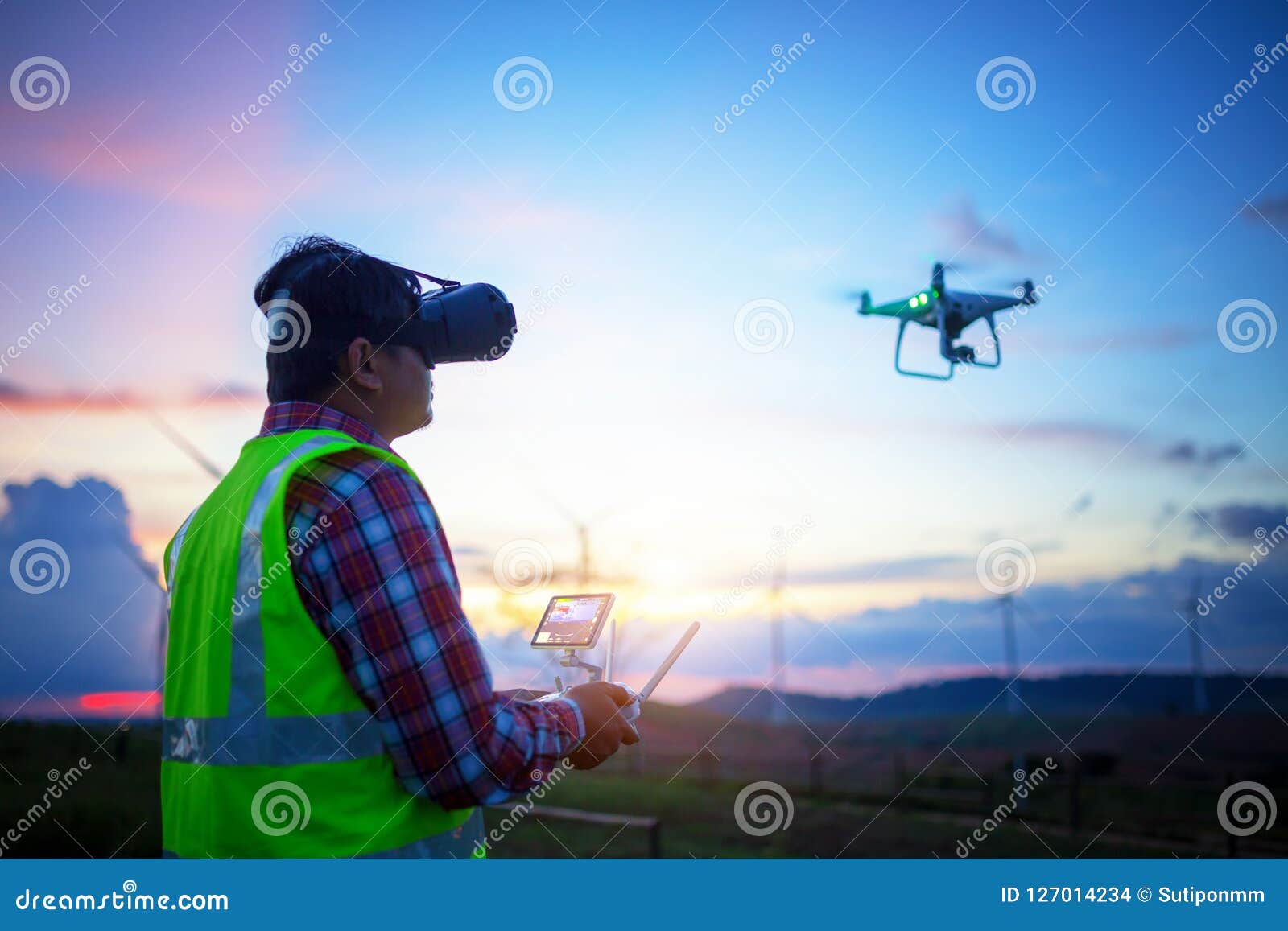 Engineer Operate Drone Flying for Survey Construction Wind Farm Stock ...