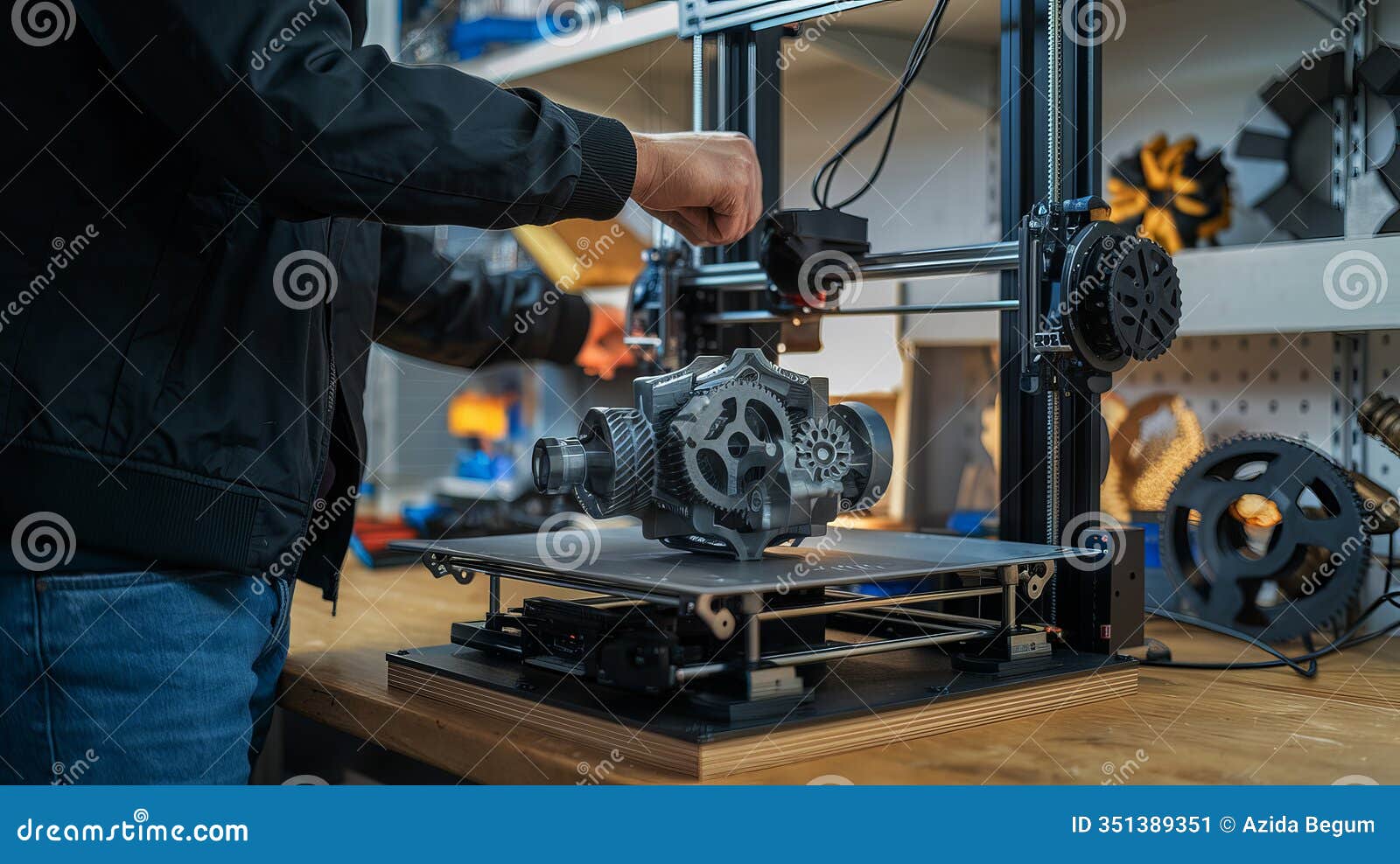 Engineer Operating a 3D Printer Creating a Complex Mechanical Prototype ...