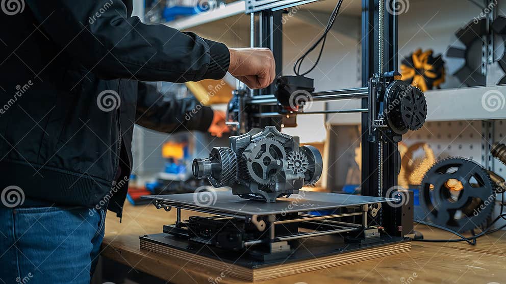 Engineer Operating a 3D Printer Creating a Complex Mechanical Prototype ...