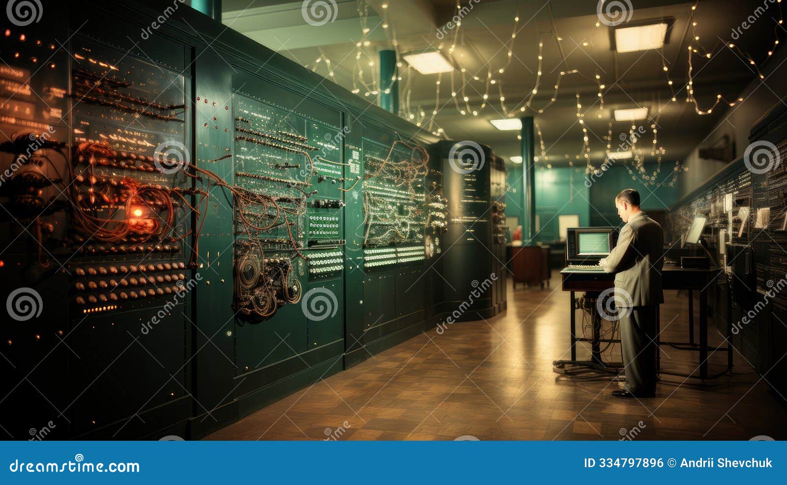 Engineer Operating Early Computer System in Retro Electronics Lab with ...
