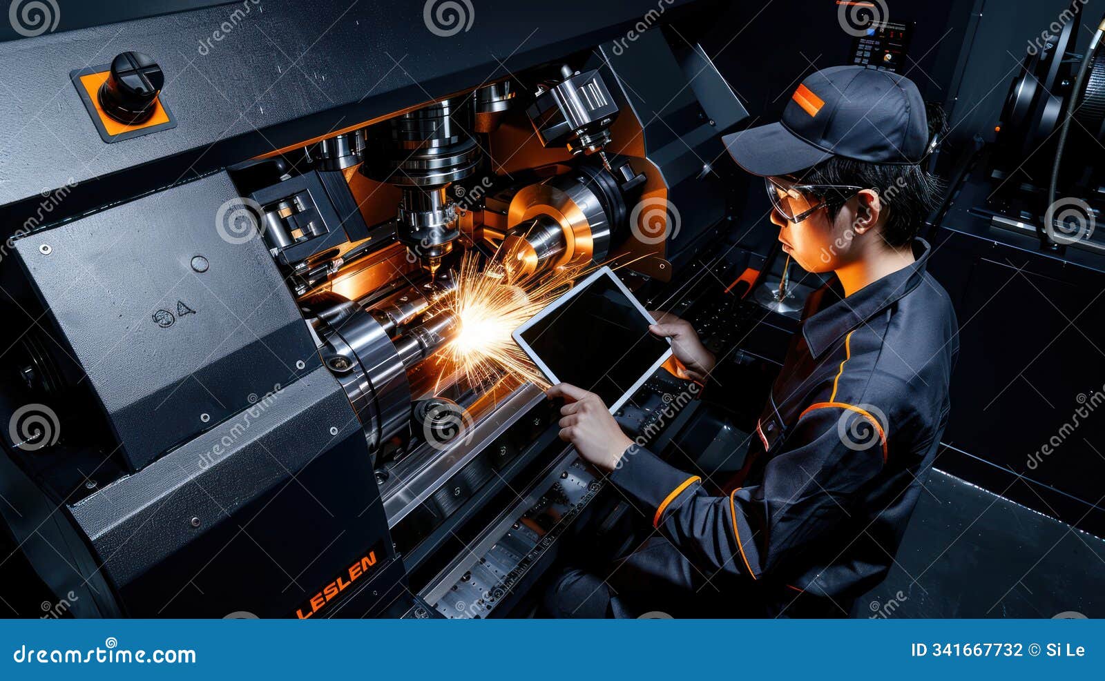 Engineer Operating Machine Tool with Tablet for Precision Control Stock ...