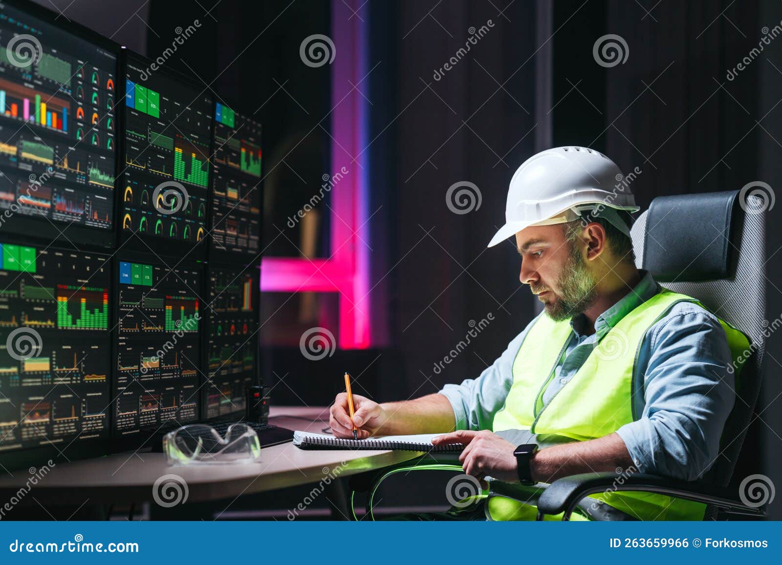 Engineer Operator and Computer Screens with Modern Following Production ...