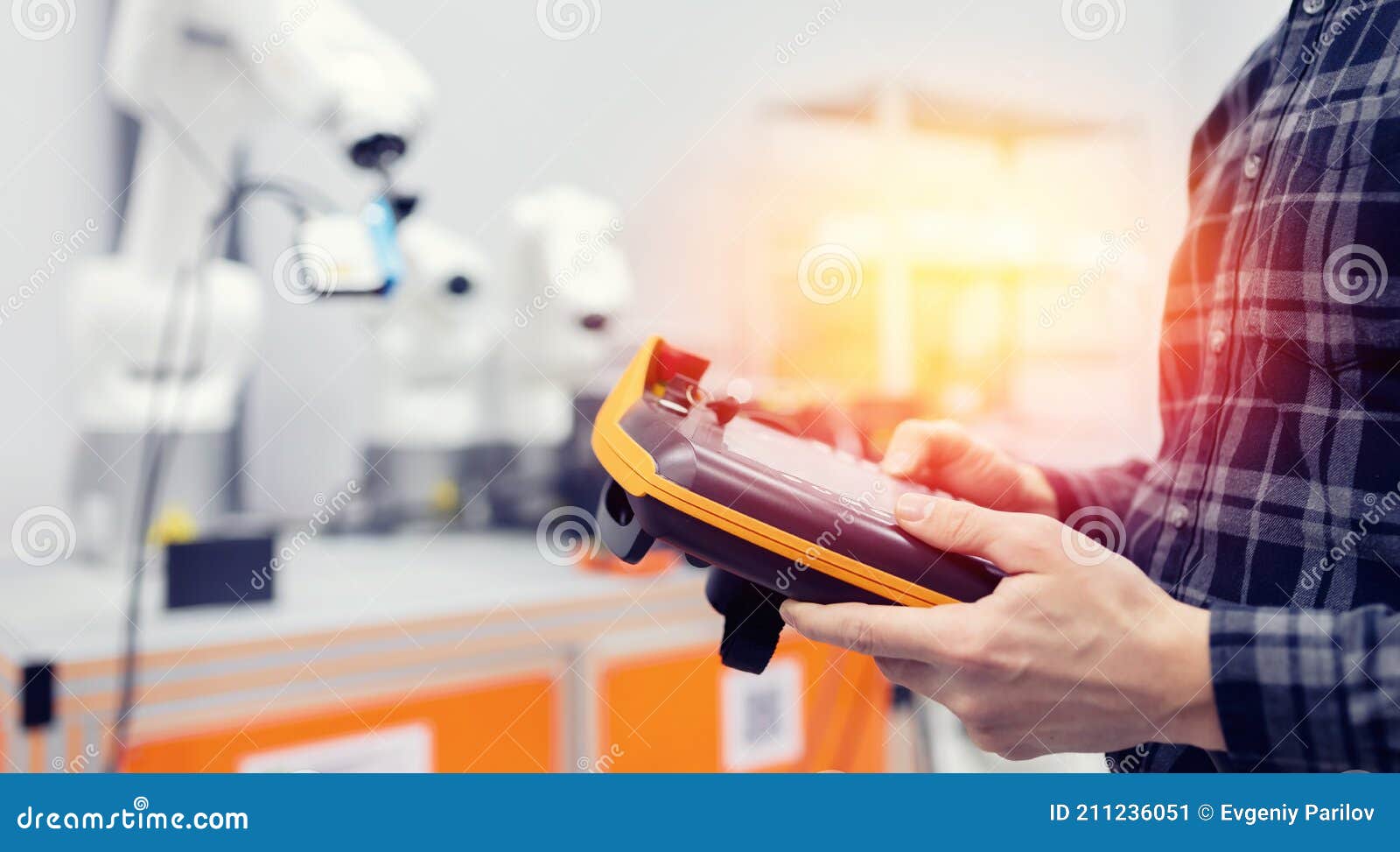 Engineer Operator Controls Automatic Mechanical Robot Arm To Weld and ...