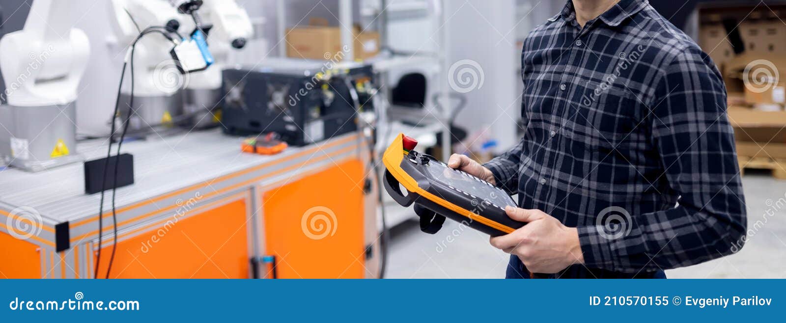 Engineer Operator Controls Automatic Mechanical Robot Arm To Weld and ...