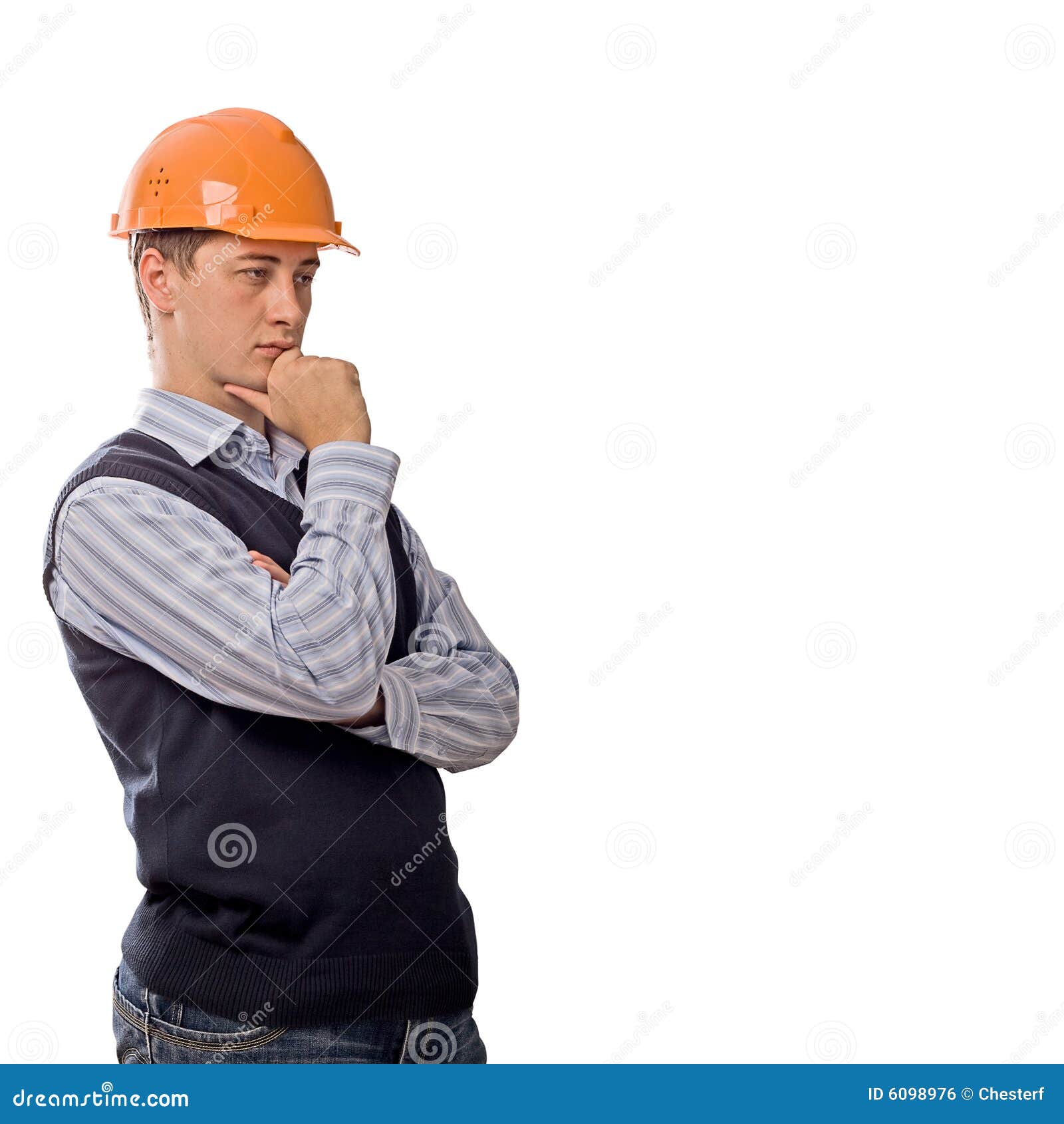 Engineer in Orange Helmet Thinking Stock Photo - Image of helmet ...