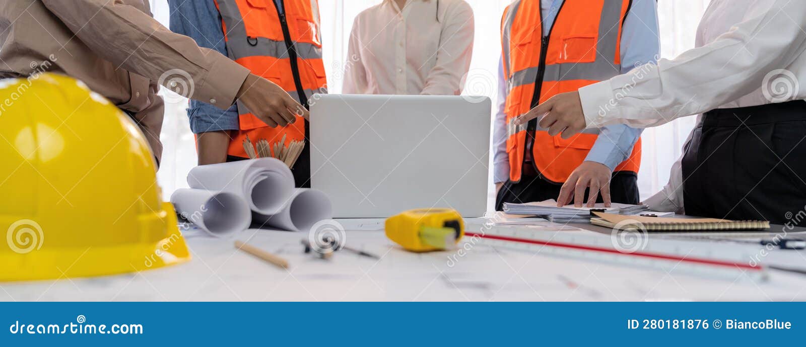 Engineer Partner Drawing and Working on Blueprint Design Together ...